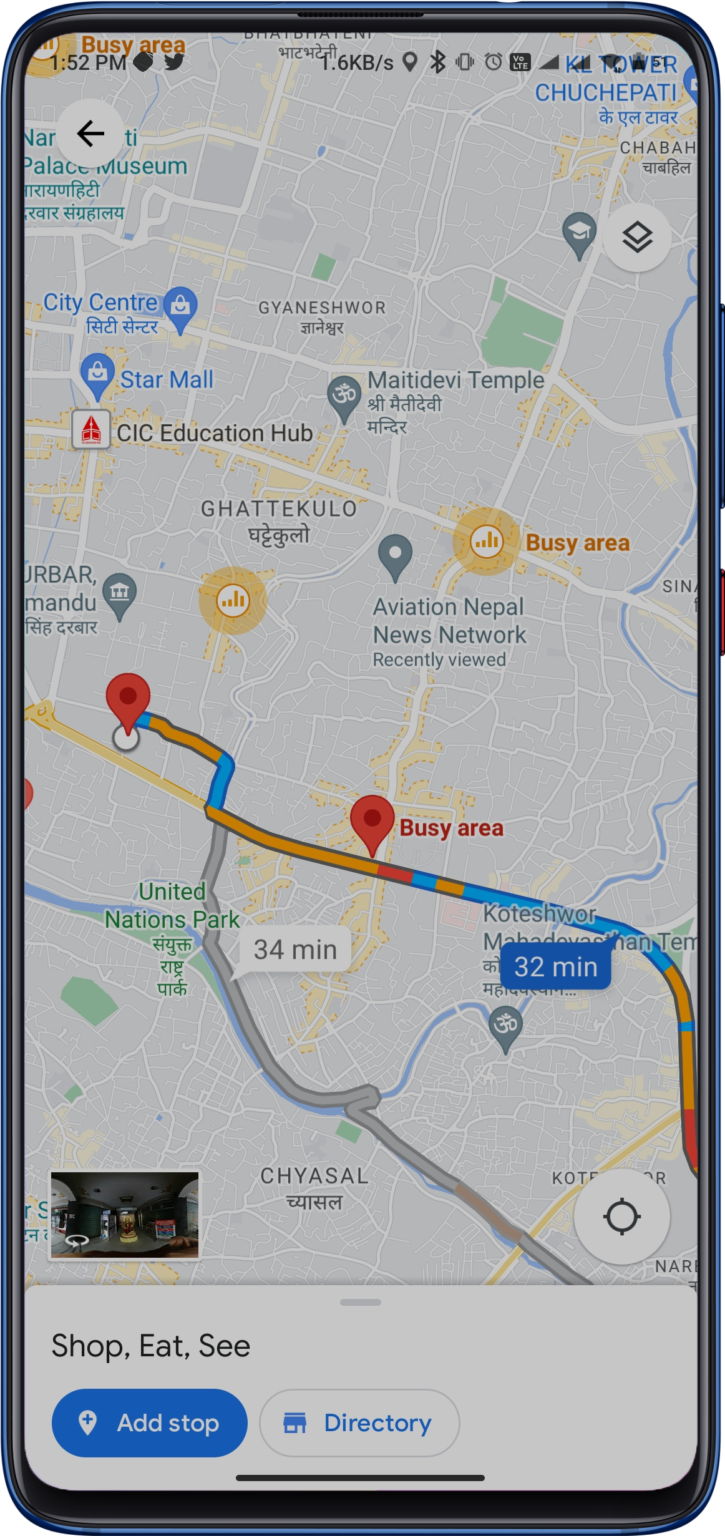 Google Maps Showing Live Traffic Status & Busy Area in Nepal