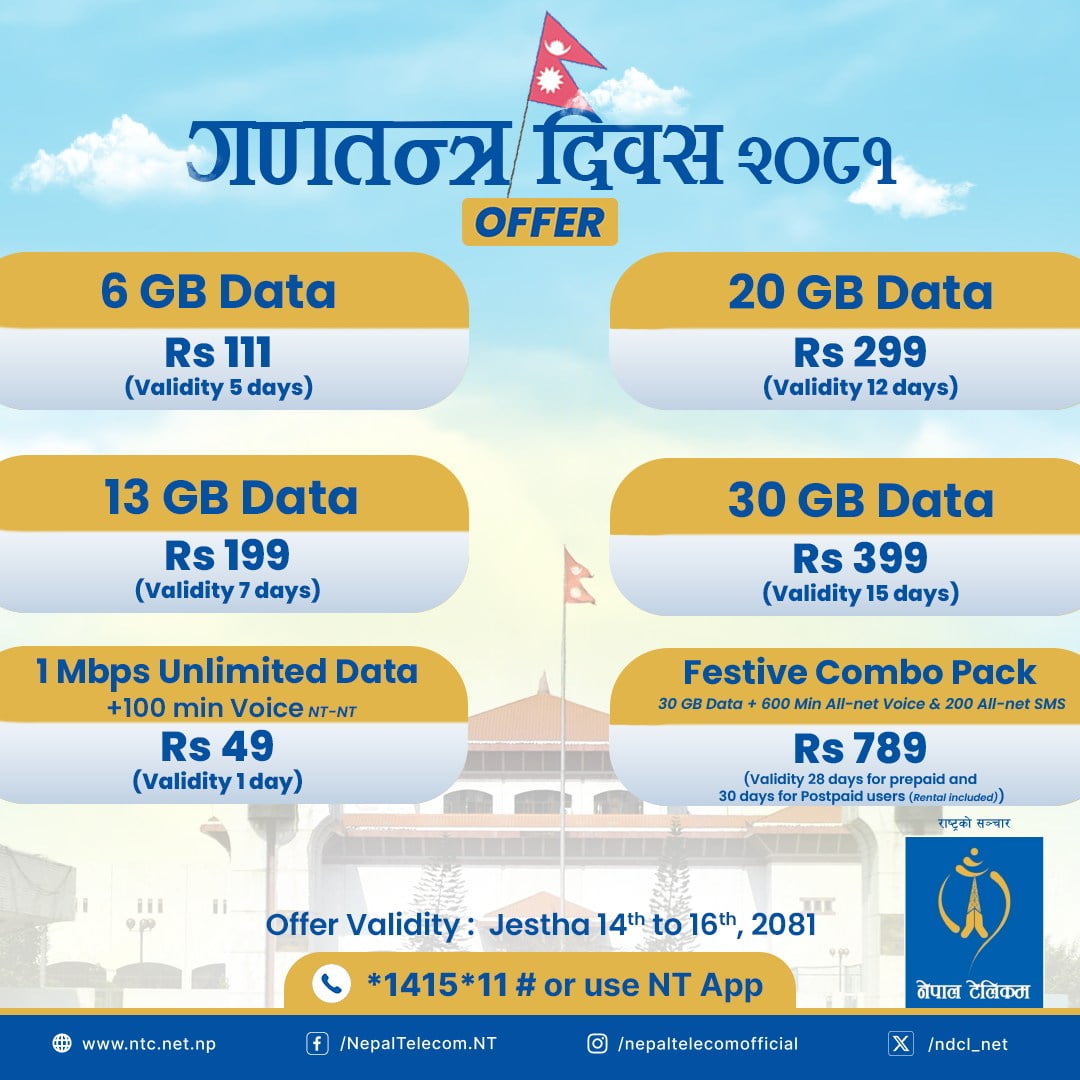 Ntc Republic Day Offer 2081 | 30 GB Data pack at Rs 399